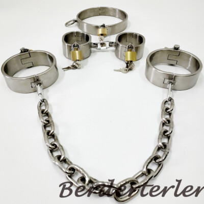Stainless Steel Metal Neck Collar Hand Ankle Cuffs Set Chain Detachable ...