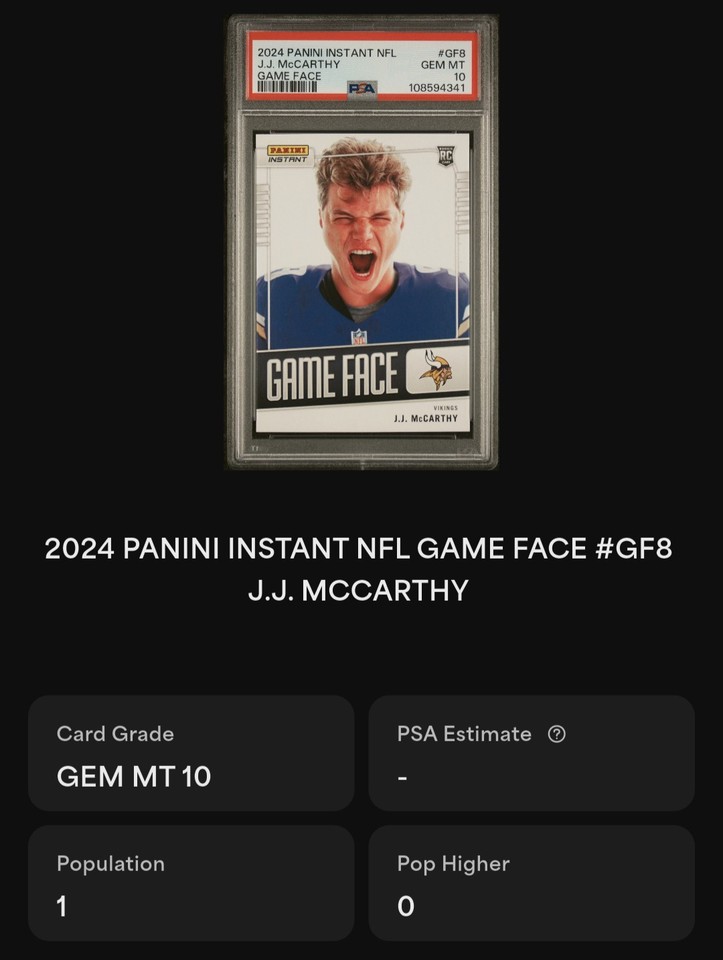 2024 PANINI NFL GAME FACE J.J. MCCARTHY PSA 10 Rookie Rc #/331 Instant ...