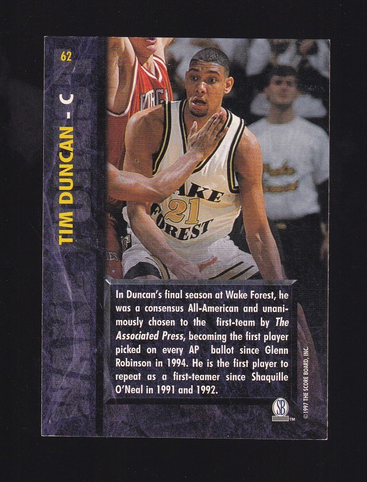 1997 Score Board Tim Duncan Rookie #62 Wake Forest | eBay
