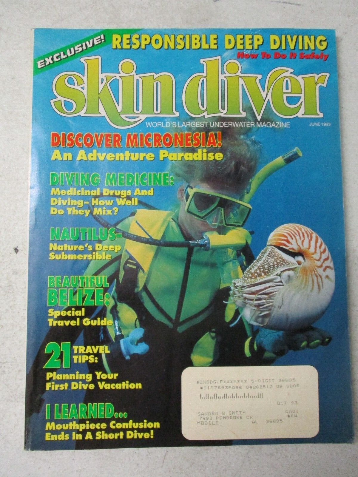 SKIN DIVER MAGAZINE JUNE 1993 MICRONESIA BELIZE TRAVEL GUIDE DIVING ...