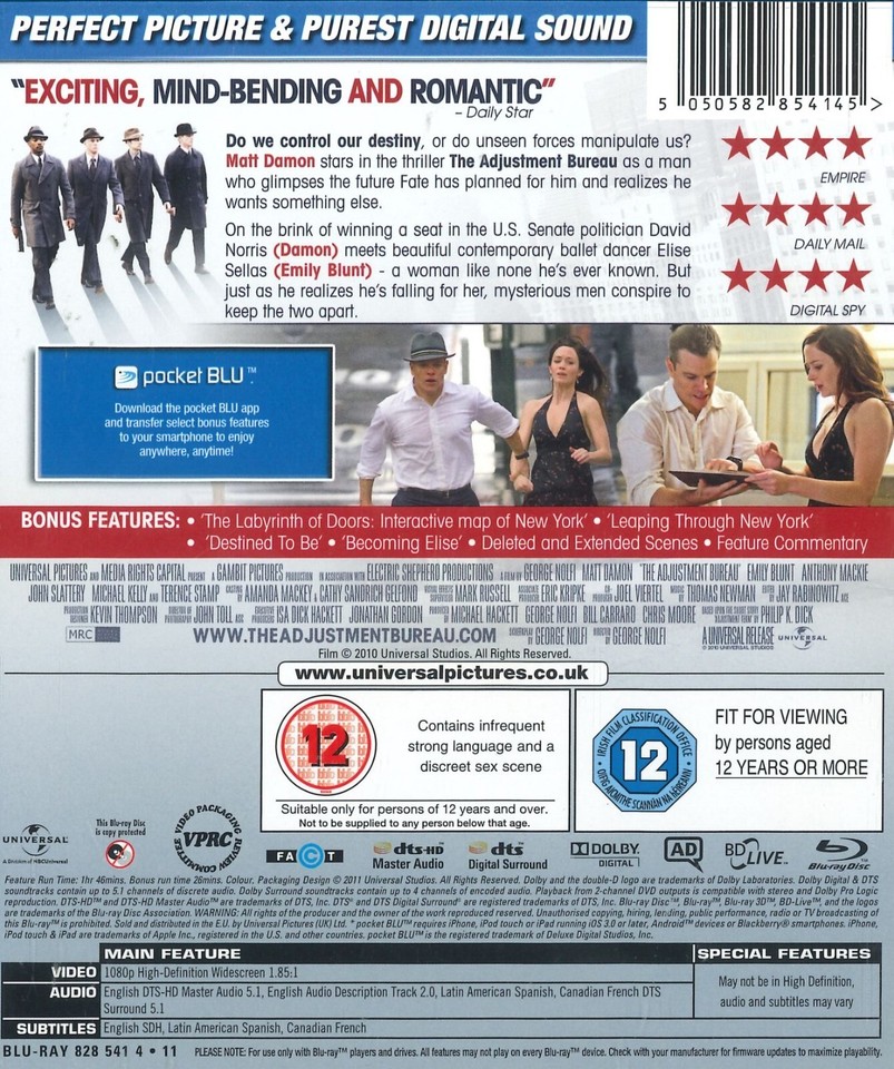 The Adjustment Bureau (2011) Blu-ray, Matt Damon, Emily Blunt, Lisa ...
