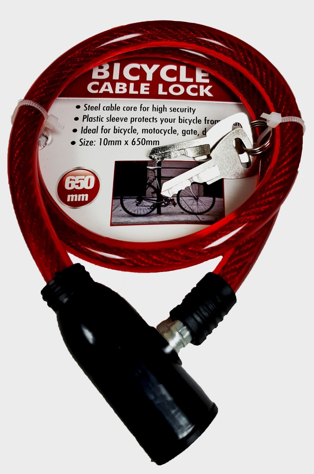 Keylock Bike Bicycle Cycle Spiral Lock 10mm by 650mm 2 Keys Steel Cable ...