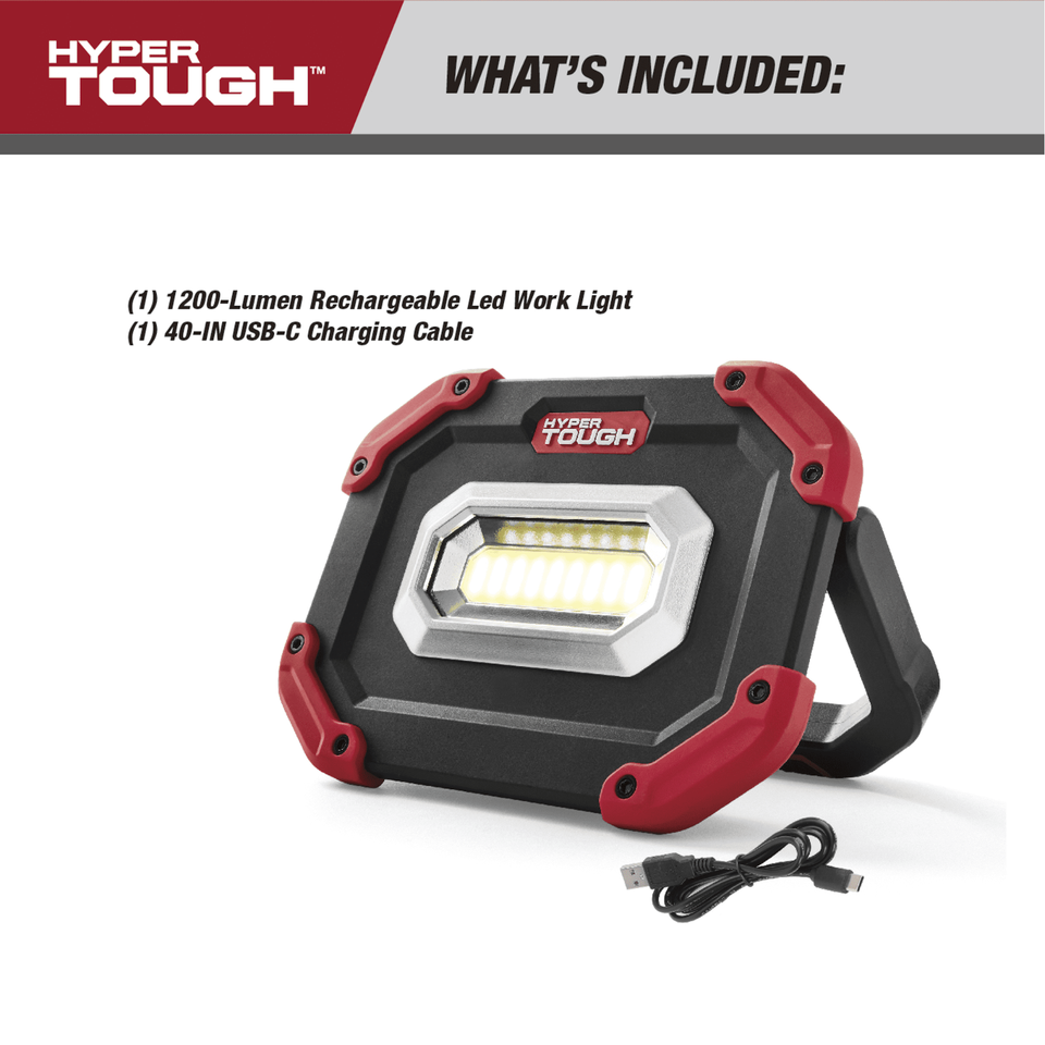 Hyper Tough 1200-Lumen RECHARGEABLE LED WORK LIGHT 3-Modes: High & Low ...