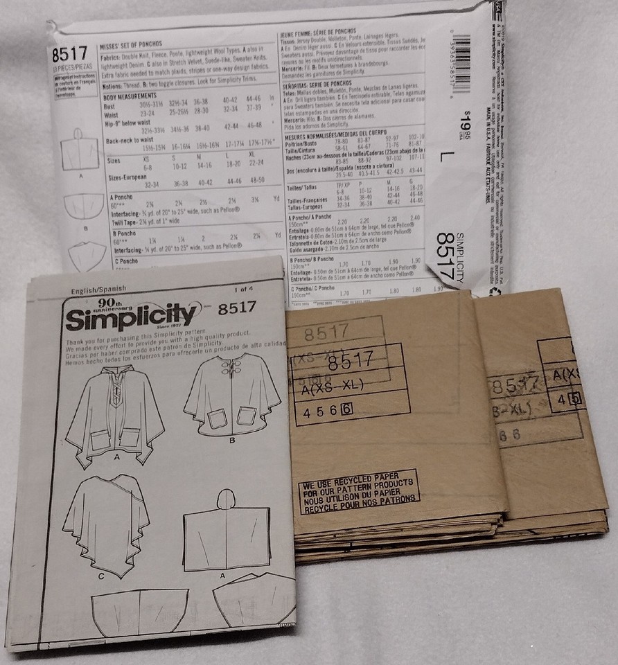 Simplicity 8517 Misses Sz XS (6-8) thru XL (22-24) Easy-To-Sew Ponchos ...