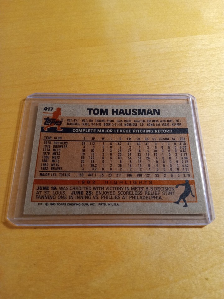 1983 Topps #417 TOM HAUSMAN Atlanta Braves Baseball Card, Starting ...