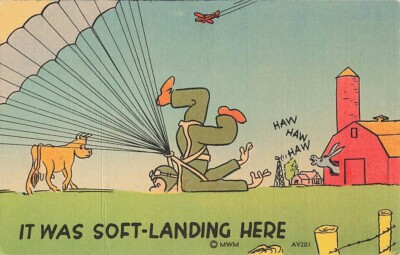 Postcard Comic Army Airborne Parachutist Soft Landing | eBay