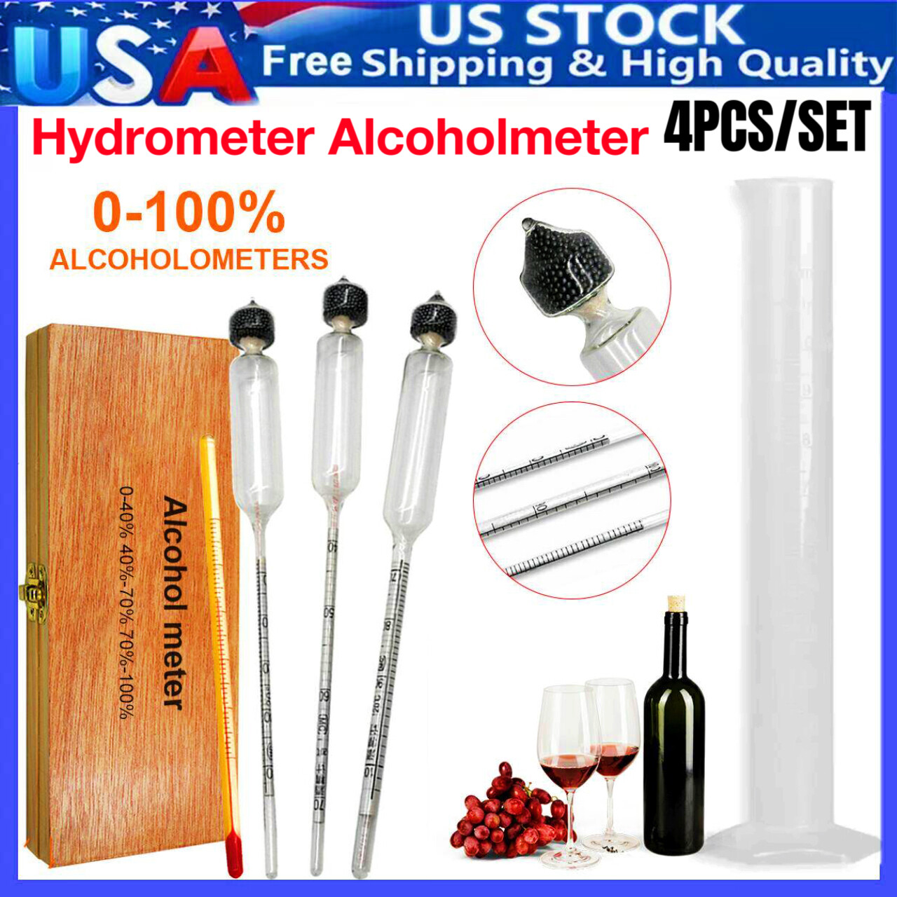 4Pcs/Set 0 To 100% Alcohol Meter Tester+Test Jar+Storage Case Whisky ...