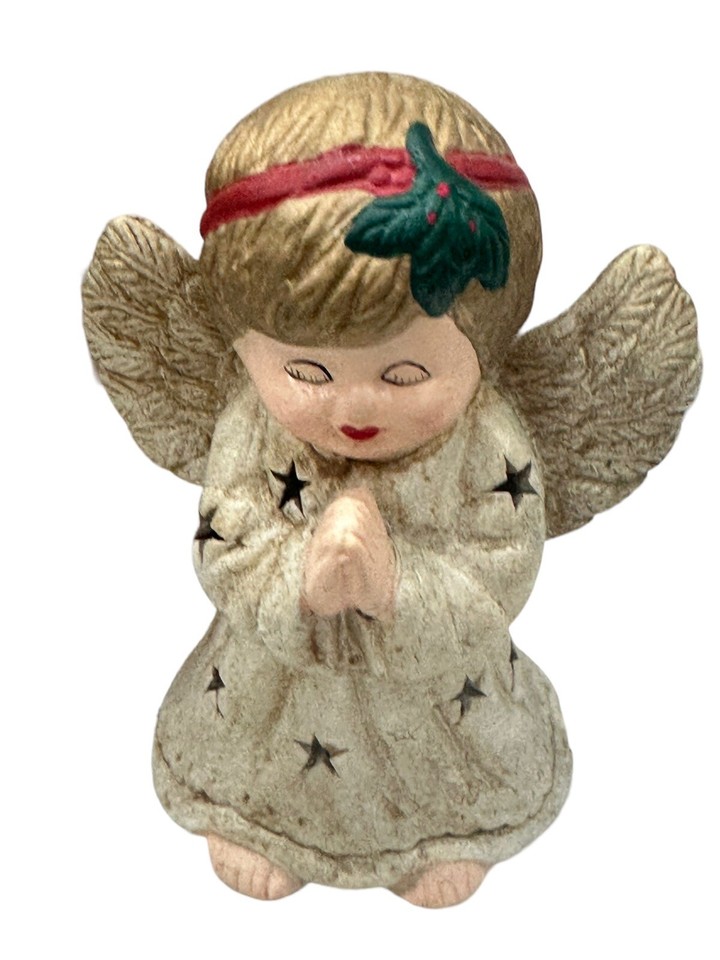 Christmas Ceramic PRAYING Angel Tea Light Candle Holder GILDED Stars ...