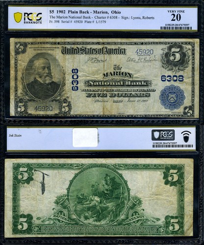 Marion OH-Ohio $5 1902 PB National Bank Note Ch #6308 Marion NB PCGS ...