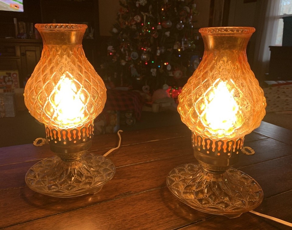 2 Amber color Glass Hobnail Mid Century Modern Vintage Oil Lamp Style ...