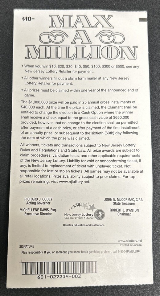 Losing NJ Scratch Off Max A Million Lottery Ticket - Used - Curved - No ...