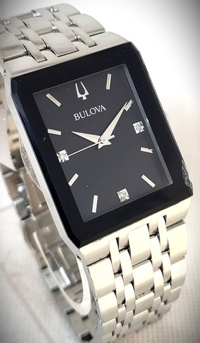 BULOVA MEN'S $375 QUADRA DIAMOND SILVER BLACK DIAL RECTANGLE 31MM WATCH ...