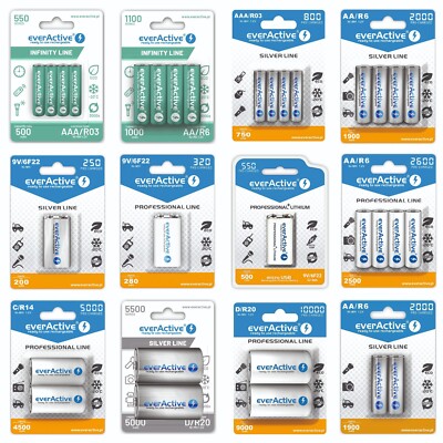 everActive Rechargeable Batteries AA AAA 9V D C Pre-Charged LR3 LR6 R14 ...