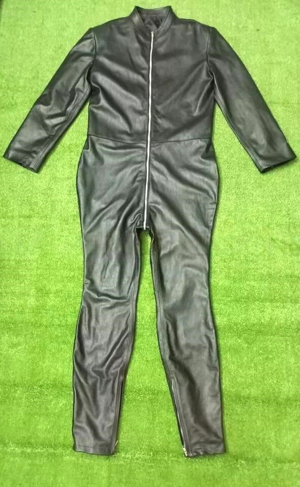 Real Black Soft Leather Catsuit Mens Jumpsuit One Piece Zipper Overall ...