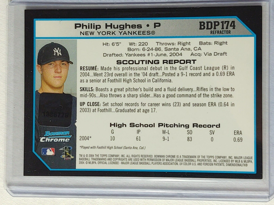 2004 BOWMAN CHROME PHILIP HUGHES PHIL REFRACTOR AUTO AUTOGRAPH RC ...