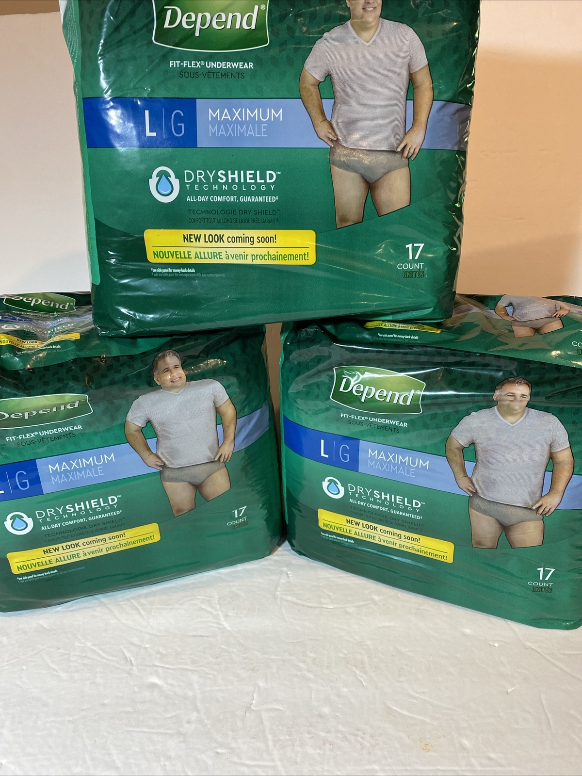 Lot Of 3 -17 Ct Depend Fit-Flex Underwear Dryshield, Men Size L/G Max ...