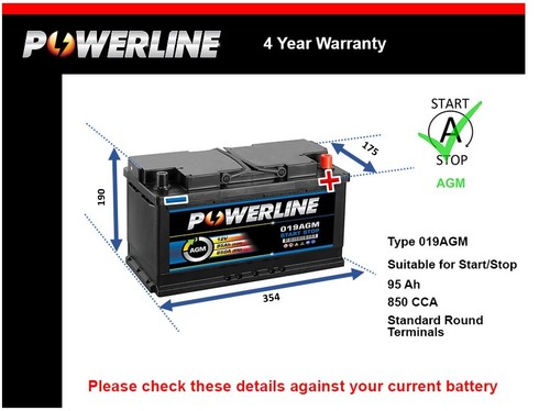 AGM Car Battery 019AGM Powerline 019 850A 95Ah 4Yr WTY 354x175x190 ...