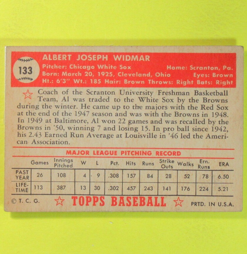 AL WIDMAR 1952 VINTAGE Topps #133 Chicago White Sox | eBay