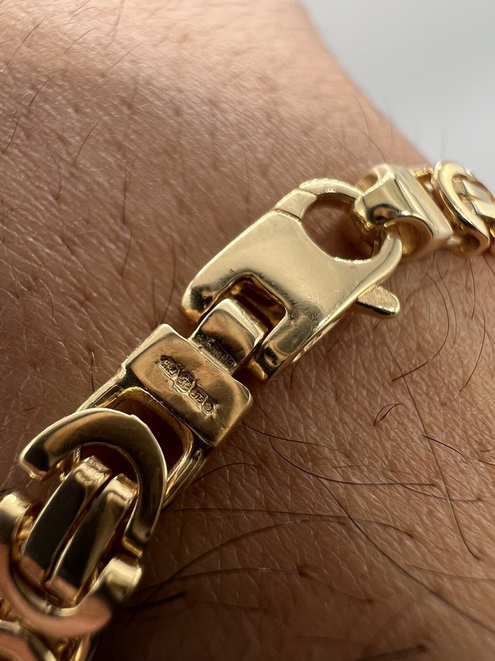 9ct Yellow Solid Gold 6mm Flat Byzantine Mens Bracelet Full UK Hallmark ...