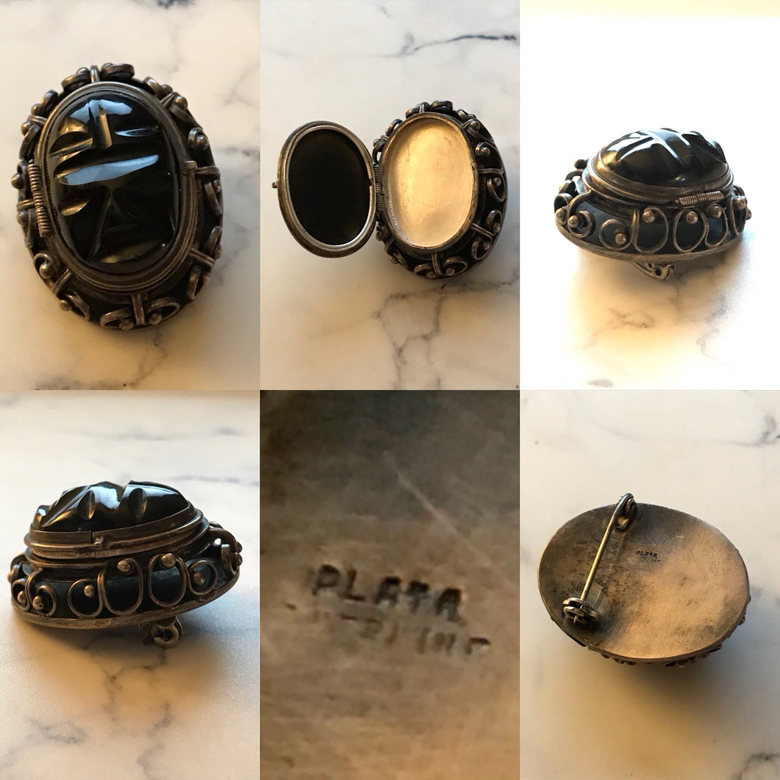 VINTAGE LARGE MEXICAN STERLING SILVER BROOCH POISON LOCKET BROOCH AZTEC ...