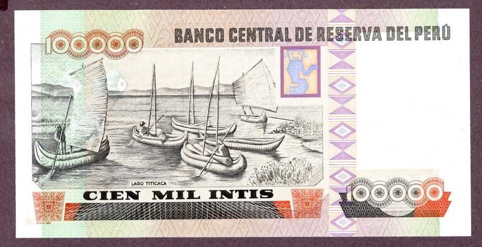 PERU 100000 INTIS Banknote 1989 Zustand I UNC FDS S/N A9936384L P. 145 ...