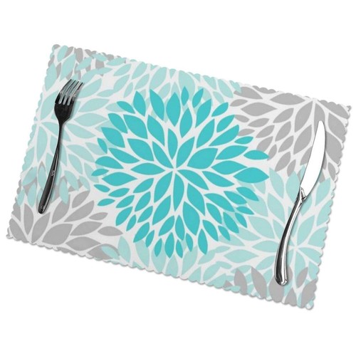 Turquoise Blue and Gray Placemats Set of 6 Washable Table Place Mats ...