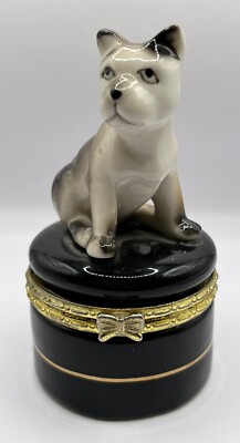 Porcelain Hinged Bulldog Terrier Trinket Box White Brown Dog Keepsake ...
