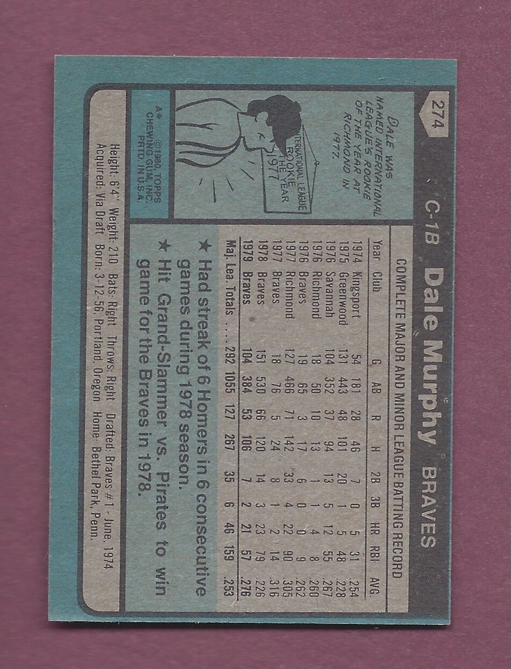 RAZOR SHARP PACK FRESH 1980 TOPPS #274 DALE MURPHY .99 SHIP R005 | eBay