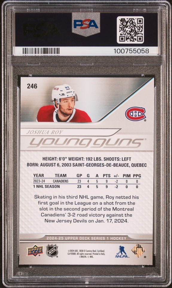 2024 Upper Deck Young Guns JOSHUA ROY RC #246 PSA 10 GEM MINT Canadiens ...