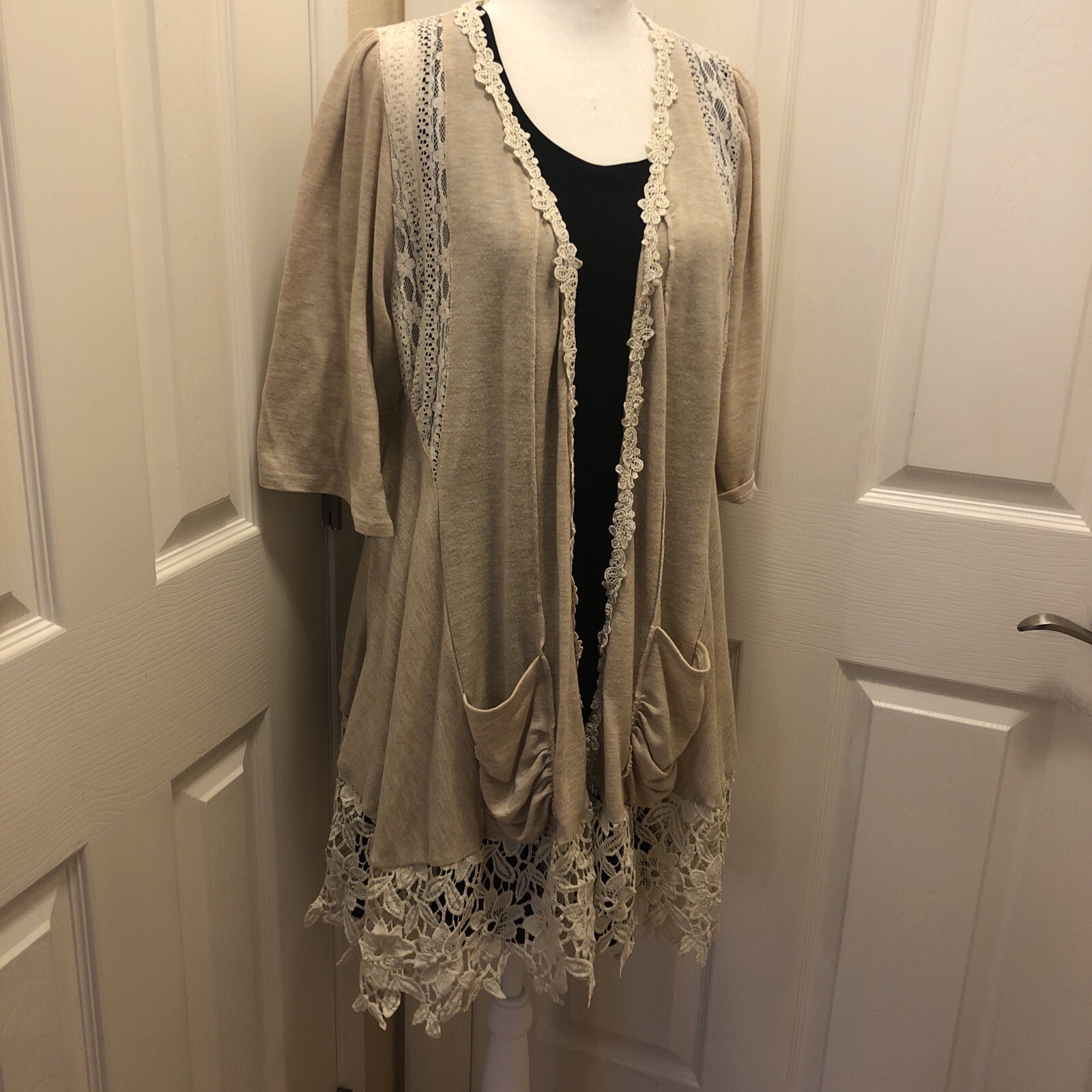 Origami by Vivien L/XL Cream Duster Shrug with Lace Front Pockets Short ...