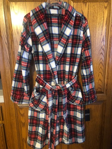 ralph lauren women's red plaid robe size M soft and cozy knee length ...