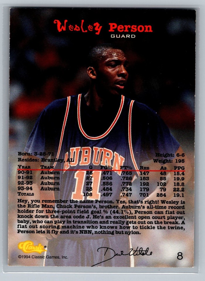 1994 Classic Basketball #8 Wesley Person Auburn Tigers | eBay