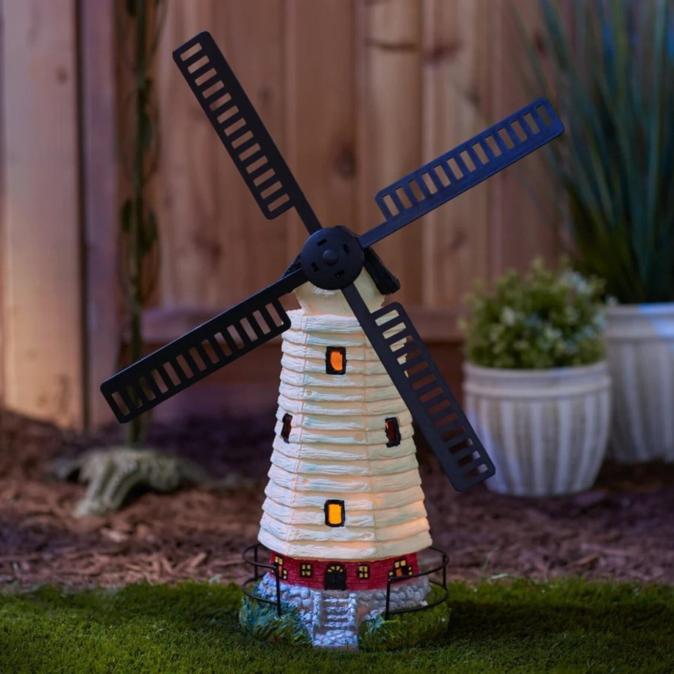 Solar LED Windmill Lighthouse Garden Statue Spinning Lighted Patio Yard ...