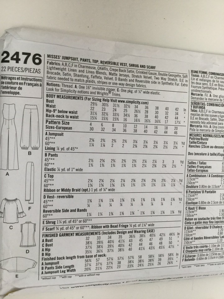 Simplicity 2476 Jumpsuit Pants Peasant Top Reversible Vest Shrug Scarf ...