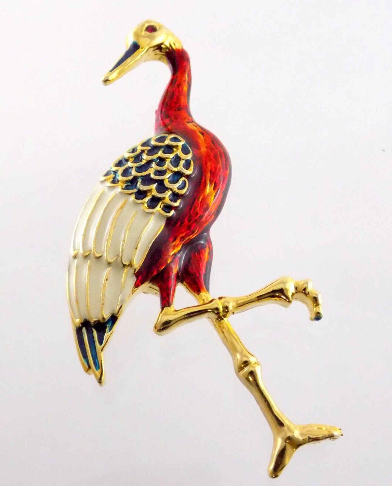 Enameled Crane Pin Figural Bird Brooch Red White Blue… - Gem