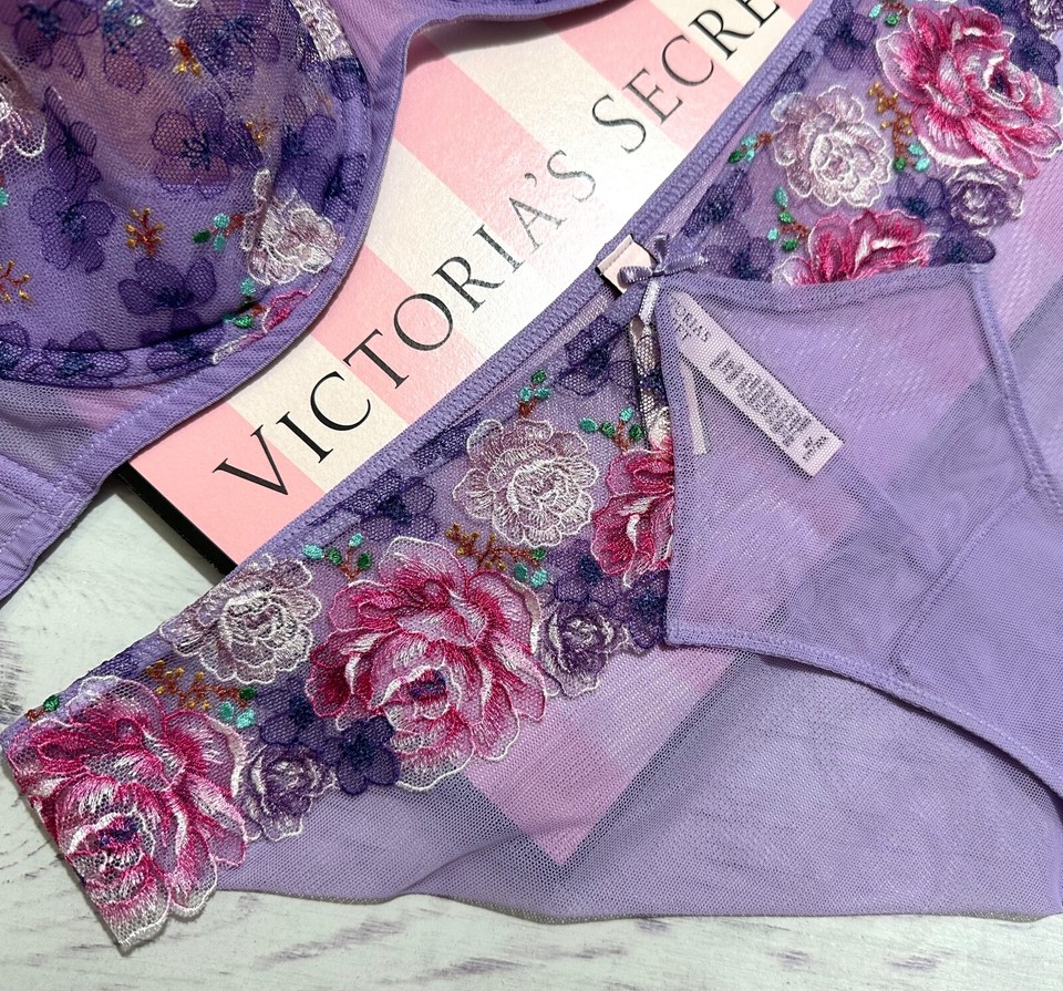Victorias Secret Wicked Unlined Balconette Bra Cheeky Set Floral Purple ...
