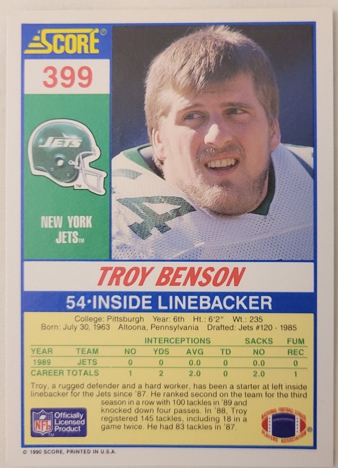 1990 Score Football Troy Benson #399 New York Jets NFL Football Card | eBay