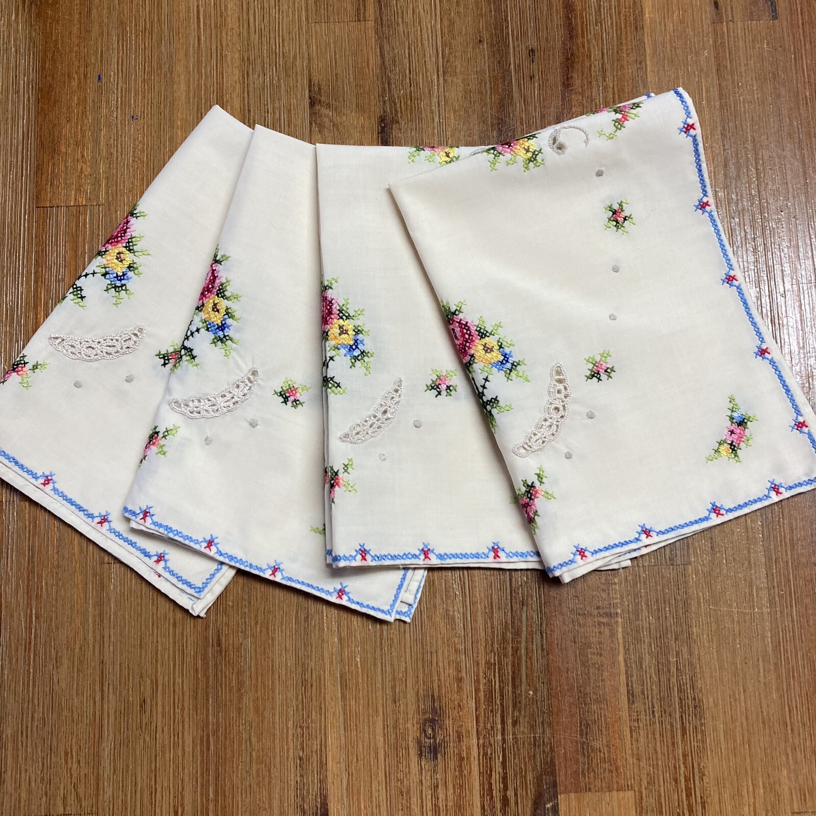 Vintage Hand Embroidered Cross Stitch Tea Towel Floral Rose Cream Linen ...