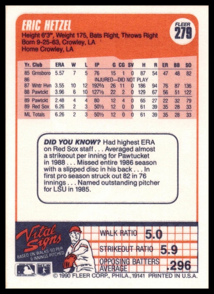 1990 Fleer #279b Eric Hetzel | eBay