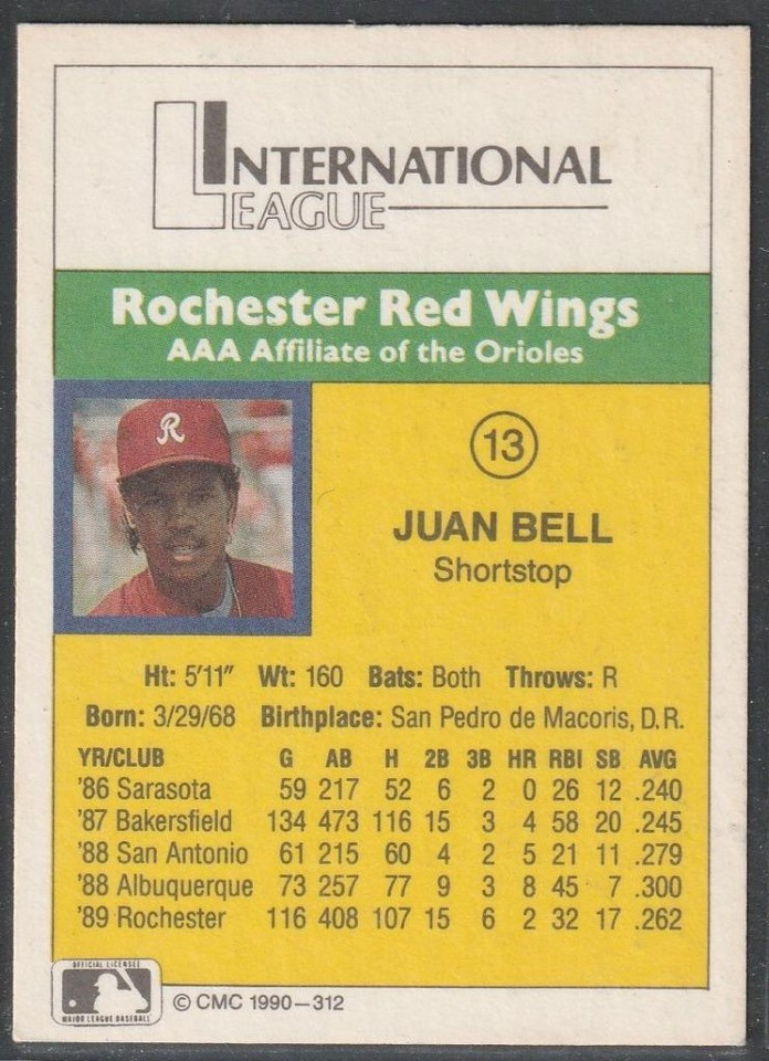 041, Original Autograph, Juan Bell; Rochester Red Wings, 1990 CMC #312 ...