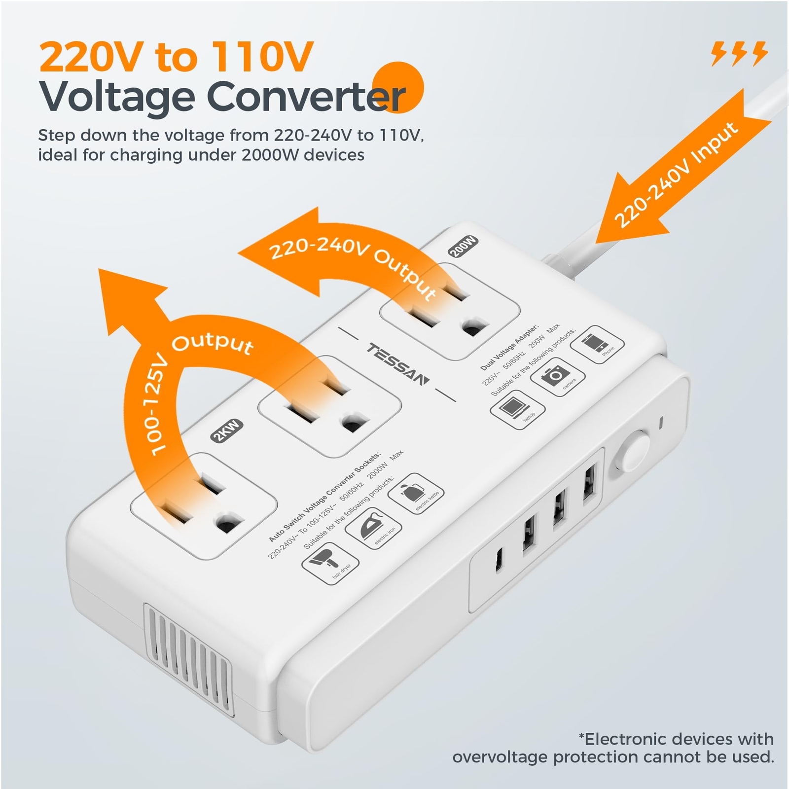 220V to 110V Voltage Converter, TESSAN Universal Travel Adapter with 4 ...