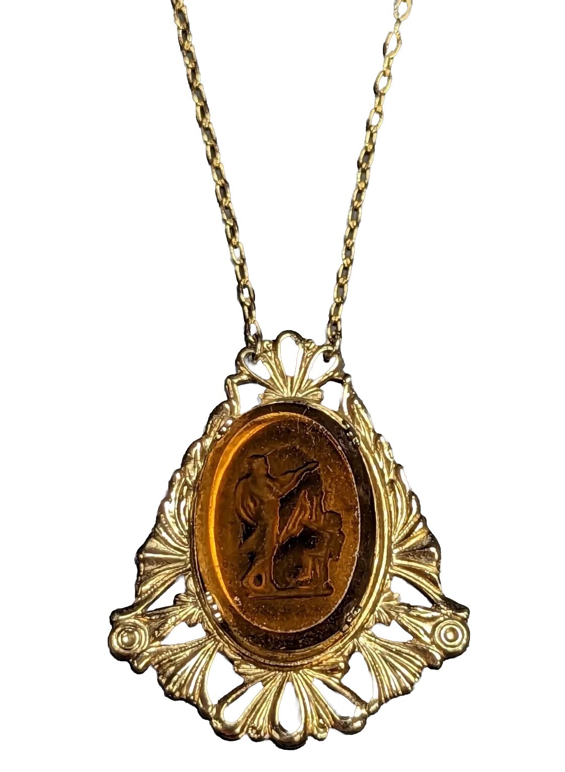 Amber Glass Reverse Intaglio Cherub Cameo Necklace 20… - Gem
