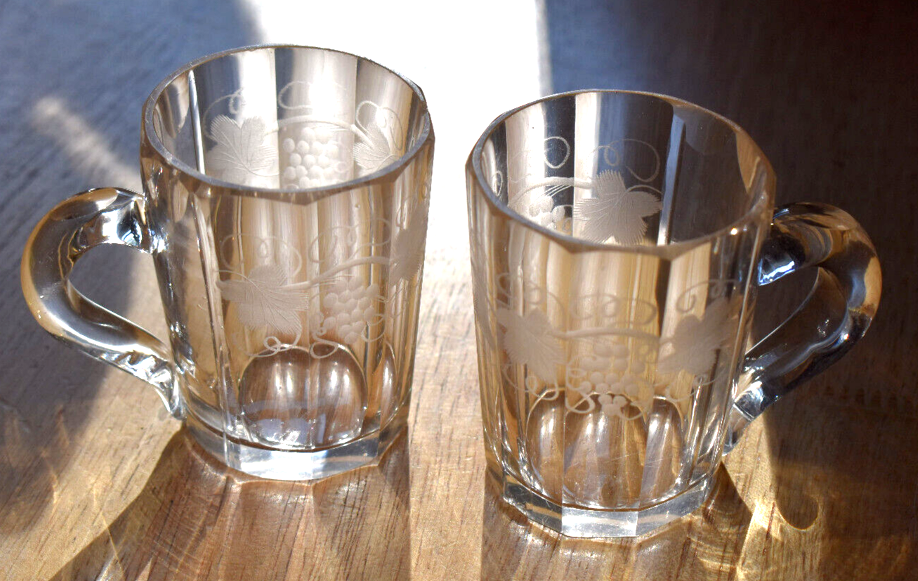 Pair of 19th Century Flint/Lead Glass Engraved Cups w/ Applied Handles ...