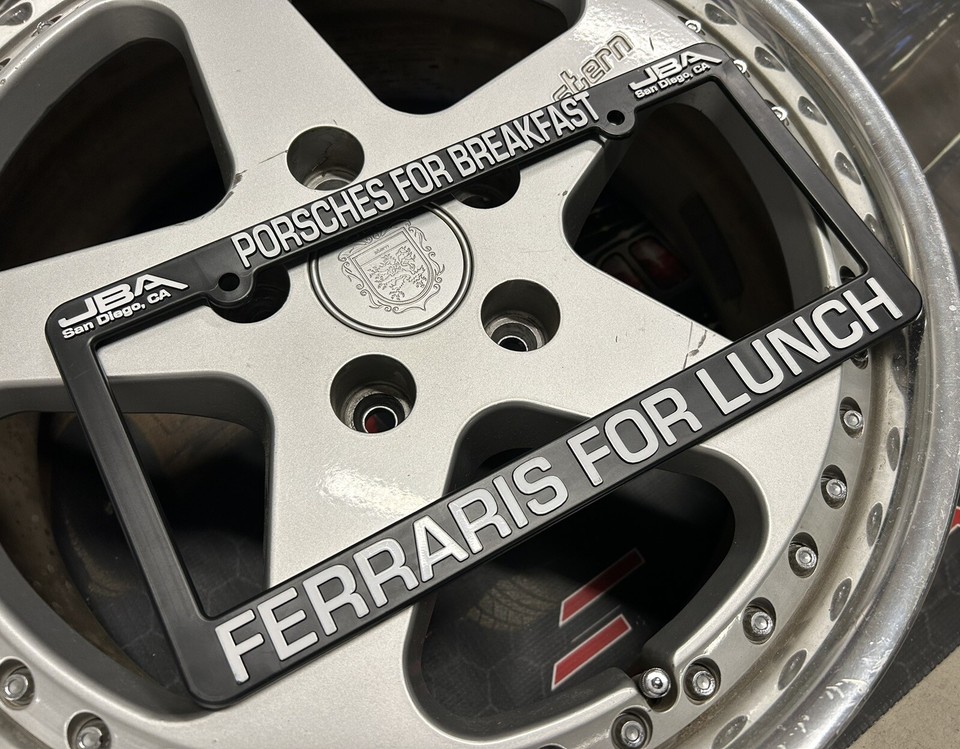 ORIG JBA FERRARIS FOR LUNCH LICENSE PLATE FRAME NOS MUSTANG 5.0 SALEEN ...