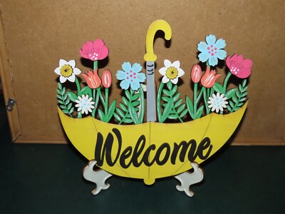 SPRING FLOWERS COUNTER TOP SIZE WELCOME SIGN HAND PAINTED WOOD STAND ...