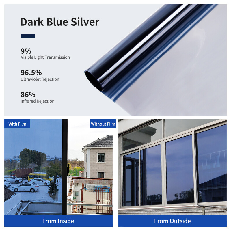 Mirrored Window Tint Privacy Dark Blue&Silver Film One Way Reflective ...