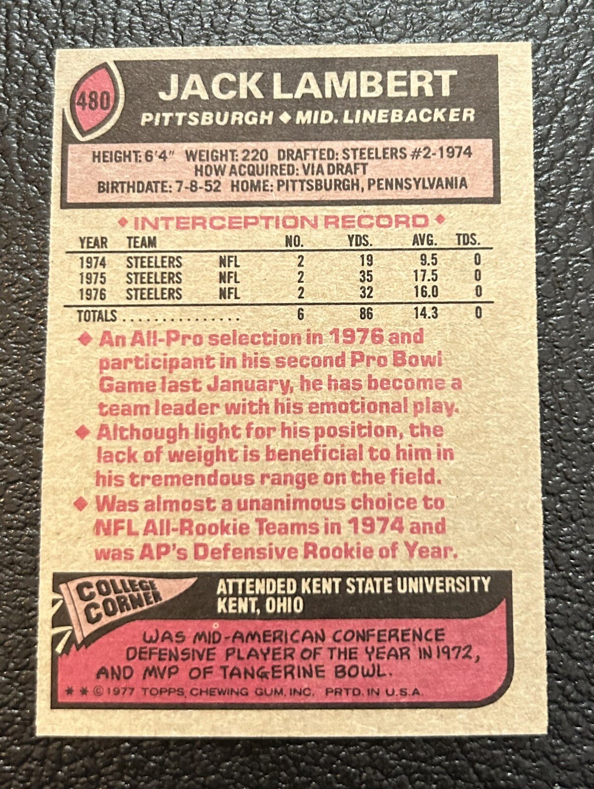 Jack Lambert 1977 Topps Card # 480 Steelers HOF NM | eBay
