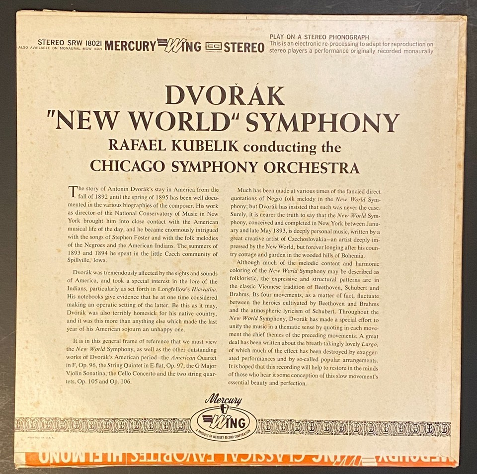 Dvorak "New World Symphony" The Chicago Symphony Mercury SRW 18021 VG+ ...
