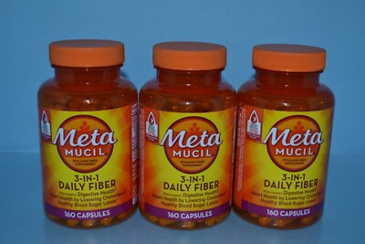 (3) Metamucil 3-in-1 Daily Fiber, 160 Capsules Each Bottle Exp. 06/2026 ...