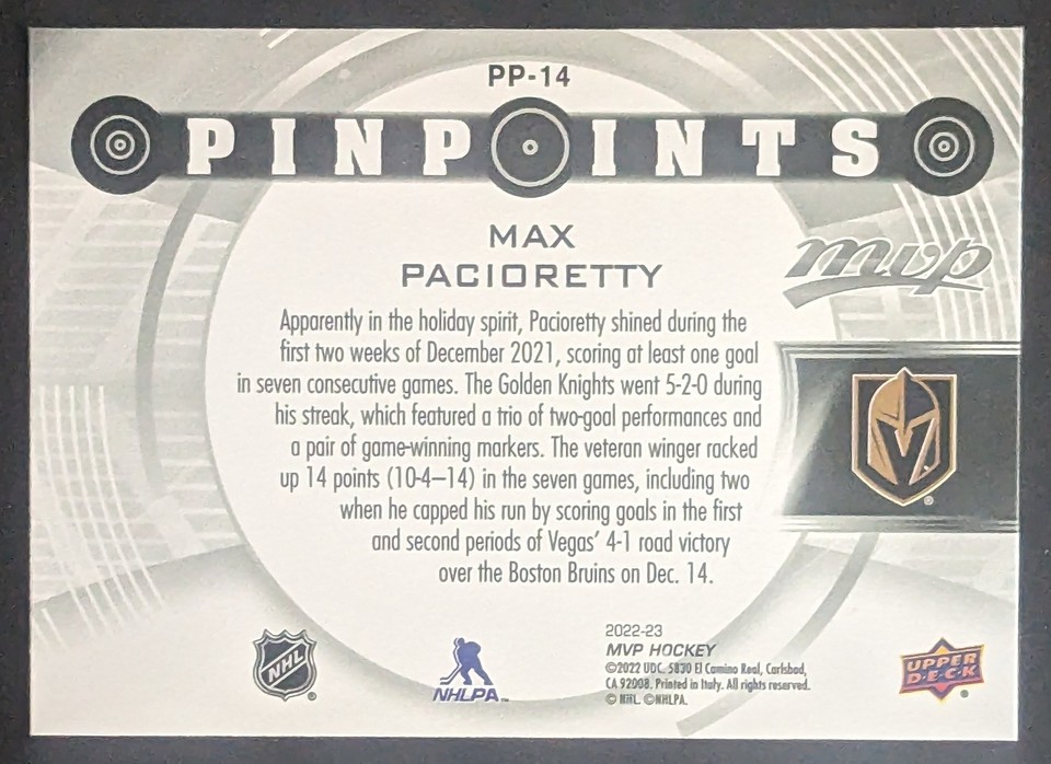 Max Pacioretty Vegas Golden Knights 2022 Upper Deck MVP Pinpoints #PP-14 Card | eBay